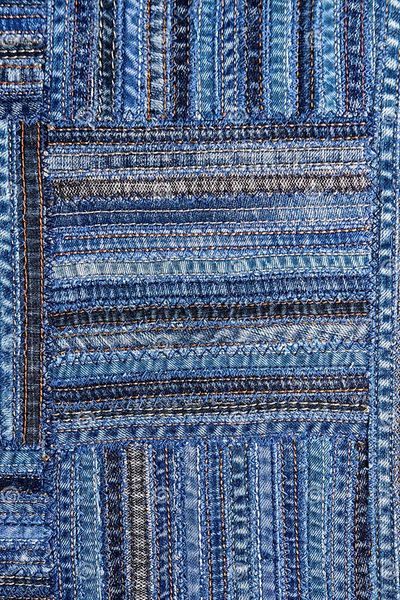 Denim Fabric Pattern in Patchwork Style Stock Image - Image of worn ...