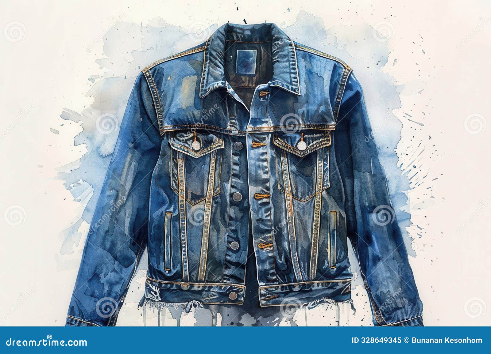 Denim Jacket, Rugged Texture, White Background, Watercolor Style Stock ...