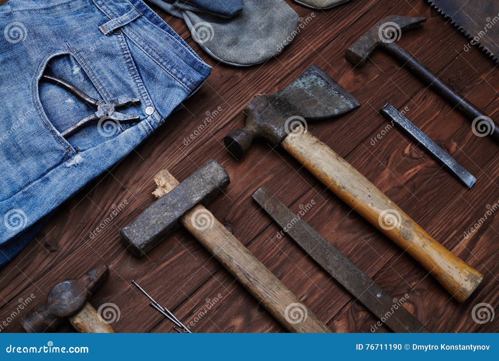 Denim Jeans and Carpenter Worn Tools Kit Over Wooden Background Stock ...