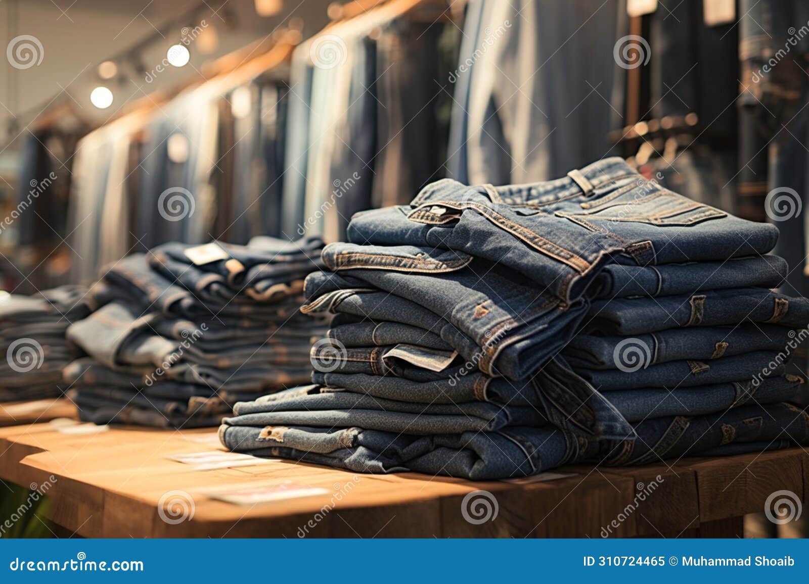 Denim Jeans Stack Showcased on Wooden Table in Store Setting Stock ...