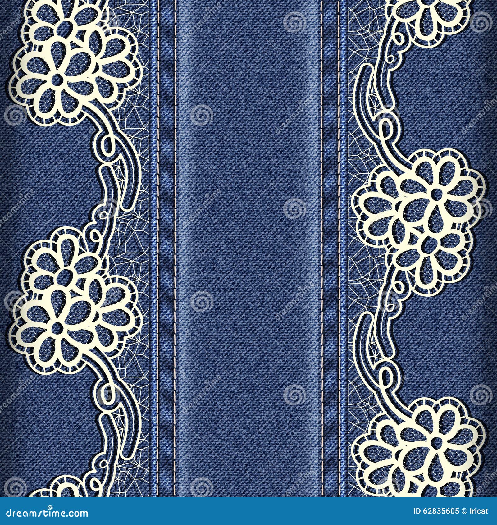 Denim and Lace. Background with Lace Ribbons Sewn Vertically Stock ...