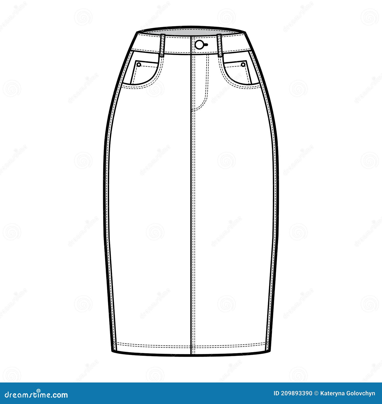 Denim Pencil Skirt Technical Fashion Illustration With Knee Length