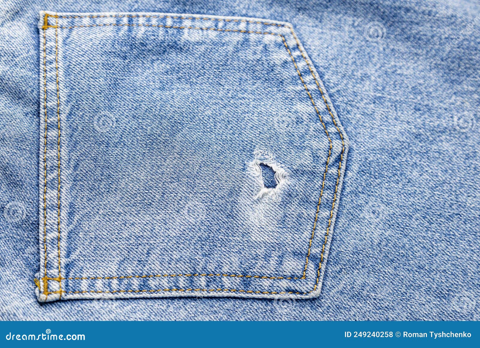 Denim Texture. Back Torn Pocket of Blue Jeans Close Up. Stock Photo ...