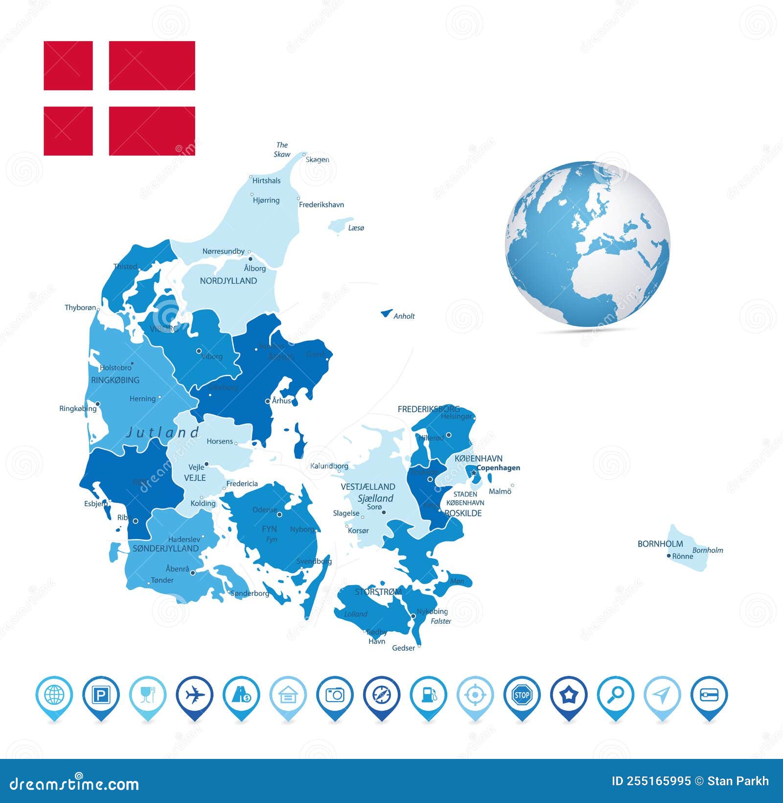Denmark Blue Color Map and Map Icons Stock Vector - Illustration of ...
