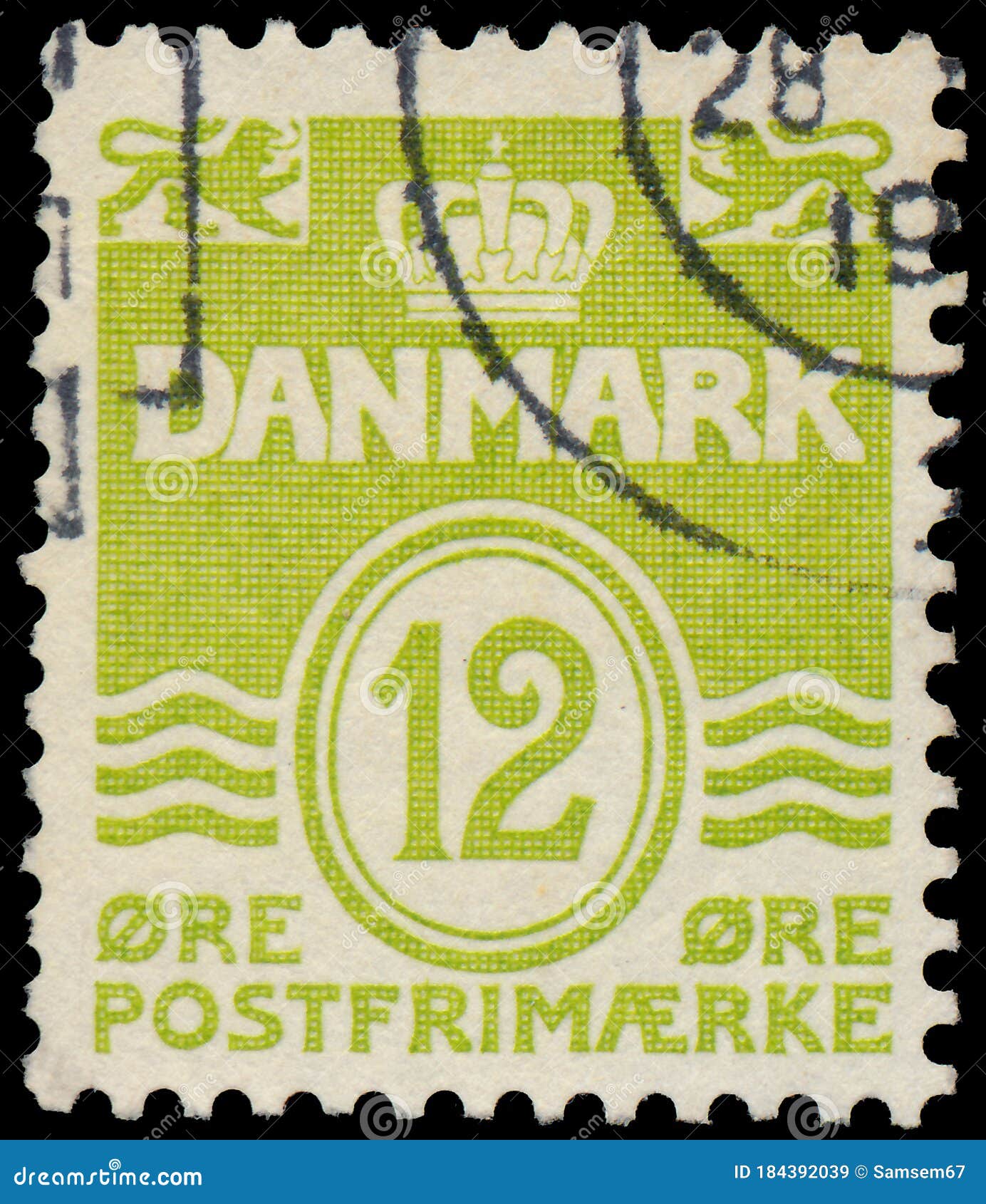 Stamp Printed in the Denmark, Depicts Wavy Lines and Numeral of Value ...