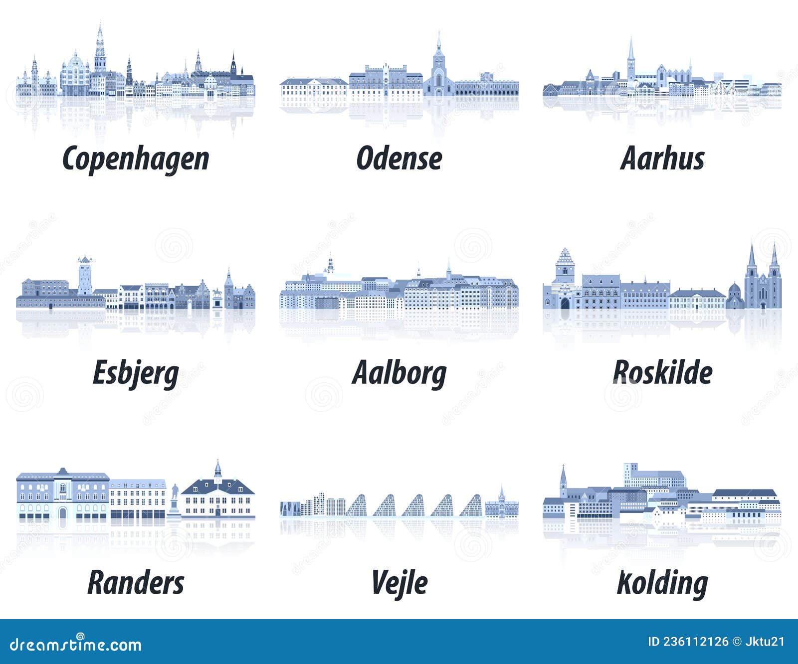 Denmark Main Cities Cityscapes in Tints of Blue Color Palette. Сrystal ...
