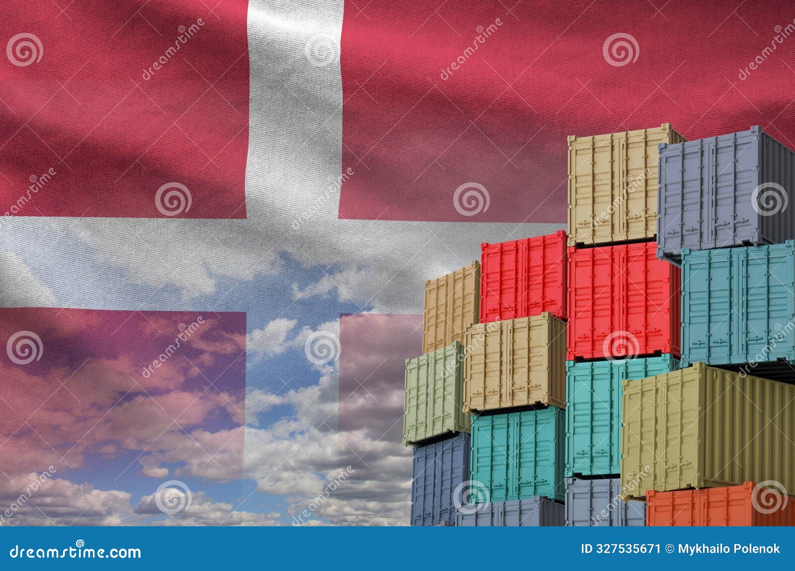 Denmark Flag and Big Stack of Shipping Cargo Containers in Docks with ...