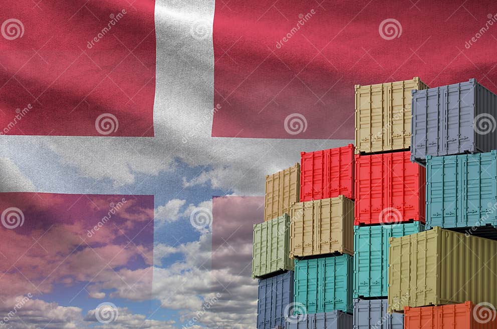 Denmark Flag and Big Stack of Shipping Cargo Containers in Docks with ...