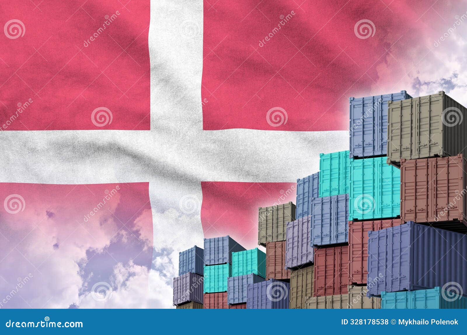 Denmark Flag and Big Stack of Shipping Cargo Containers in Docks with ...
