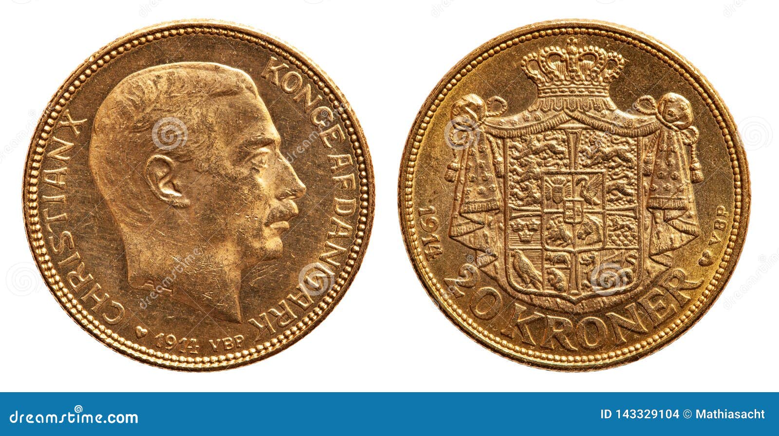 Denmark Gold Coin 20 Kroner Christian 1914 Stock Photo - Image of back ...