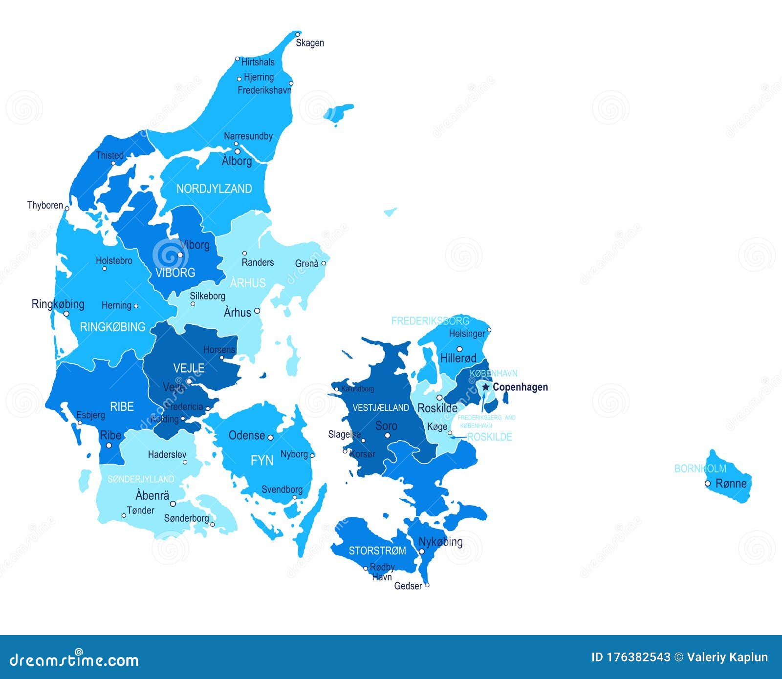 Denmark Regions Vector Map With Main Cities And With Neighbouring ...