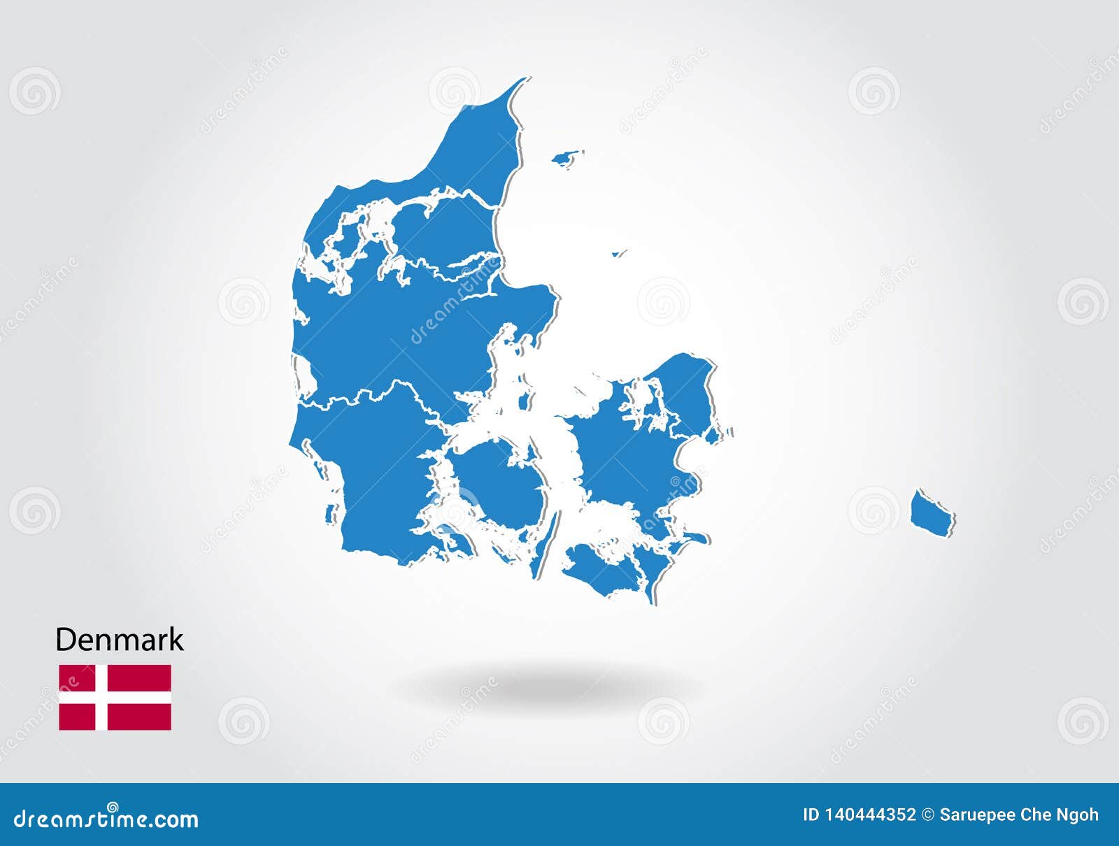Denmark Map Design with 3D Style. Blue Denmark Map and National Flag ...