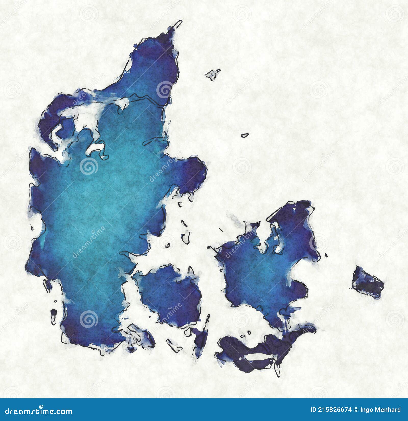Denmark Map with Drawn Lines and Blue Watercolor Illustration Stock ...