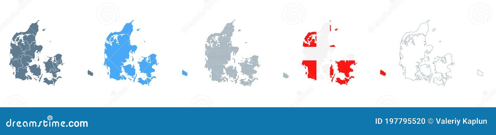 Denmark Map Set - Vector Solid, Contour, Regions, Flag, Pixels Stock ...