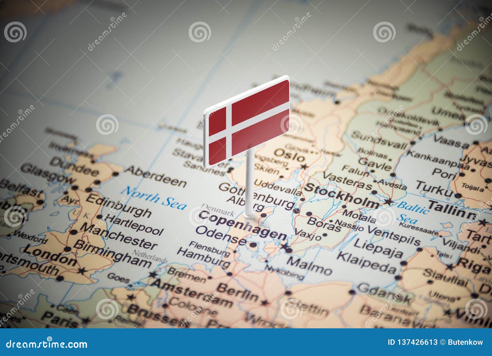 Denmark Marked with a Flag on the Map Stock Image - Image of closeup ...
