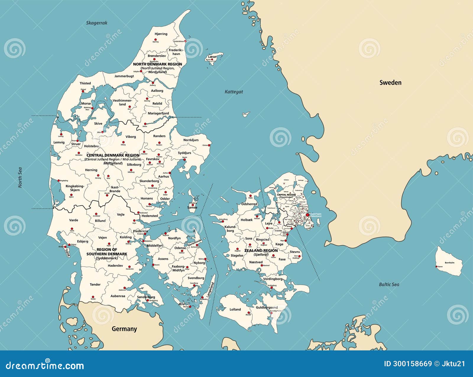 Denmark Municipalities Vector Map with Administrative Centers Stock ...