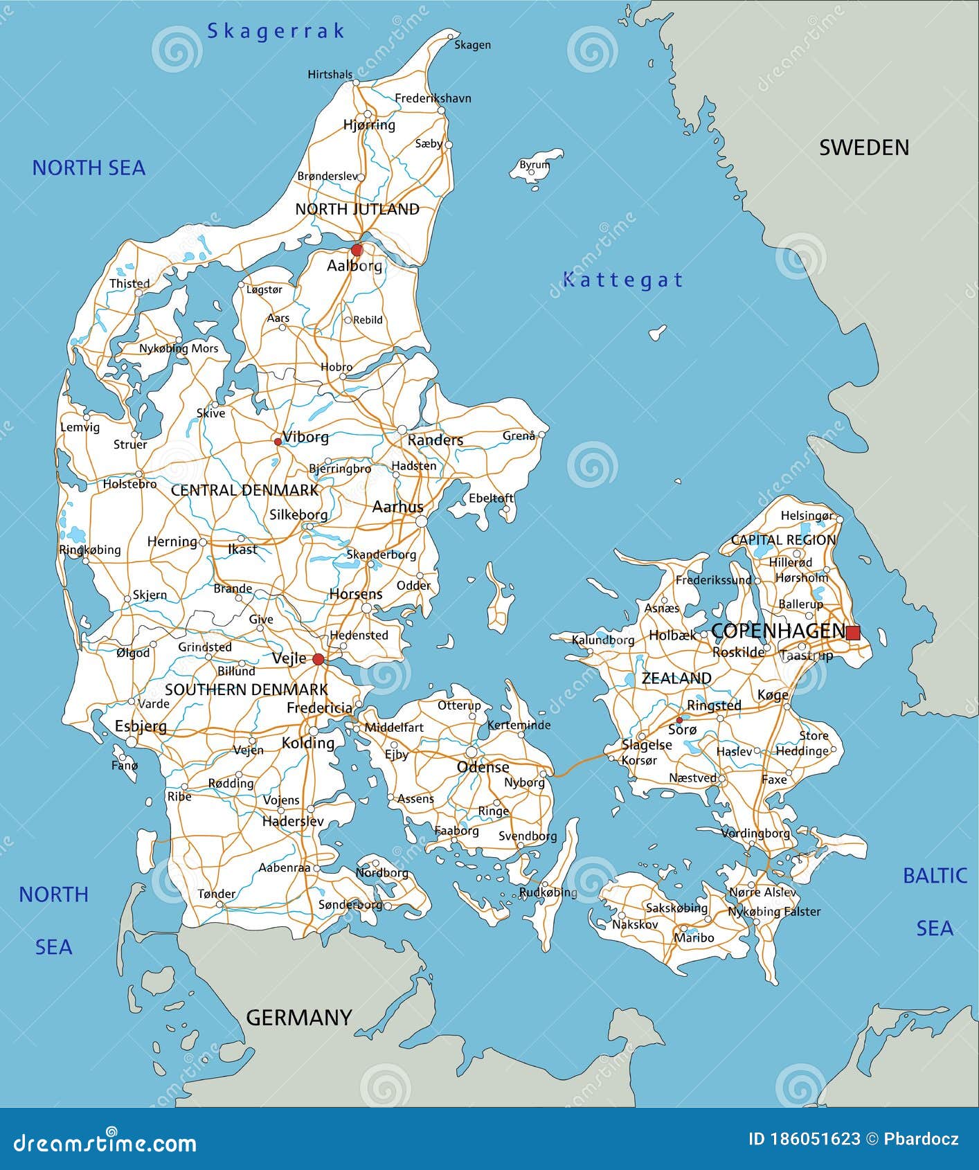 High Detailed Denmark Road Map with Labeling. Stock Vector ...
