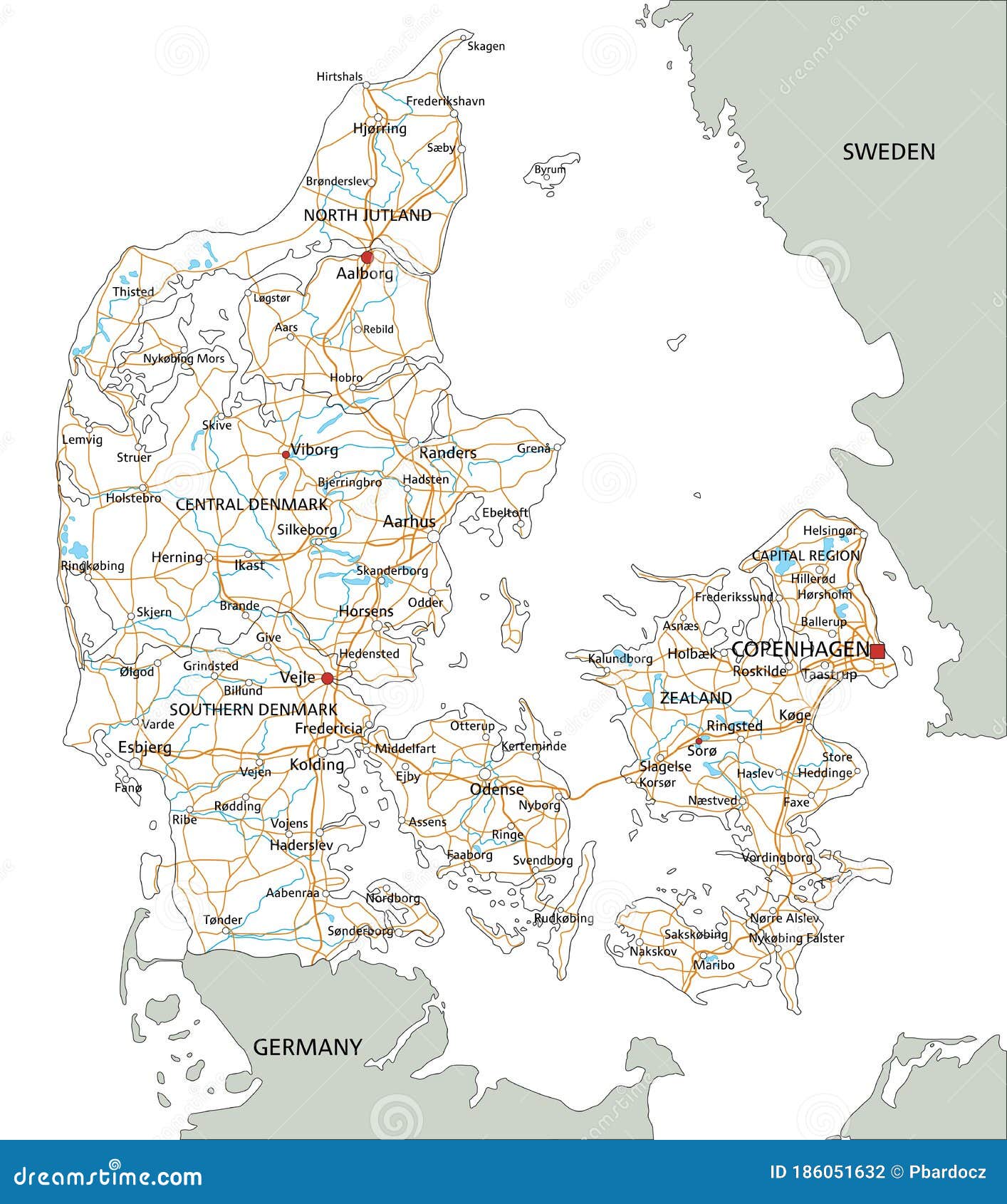 High Detailed Denmark Road Map with Labeling. Stock Vector ...
