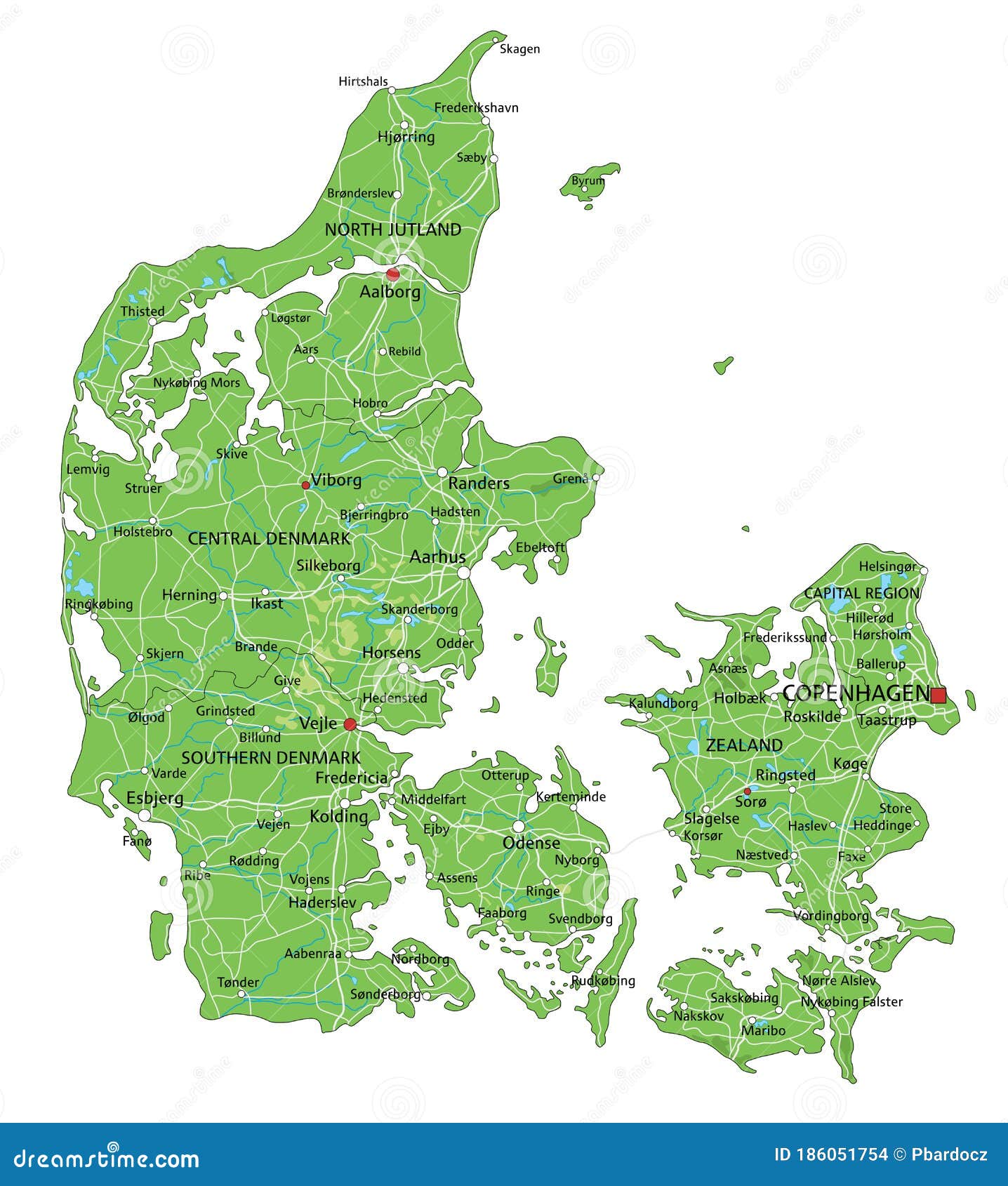 High Detailed Denmark Physical Map with Labeling. Stock Vector ...