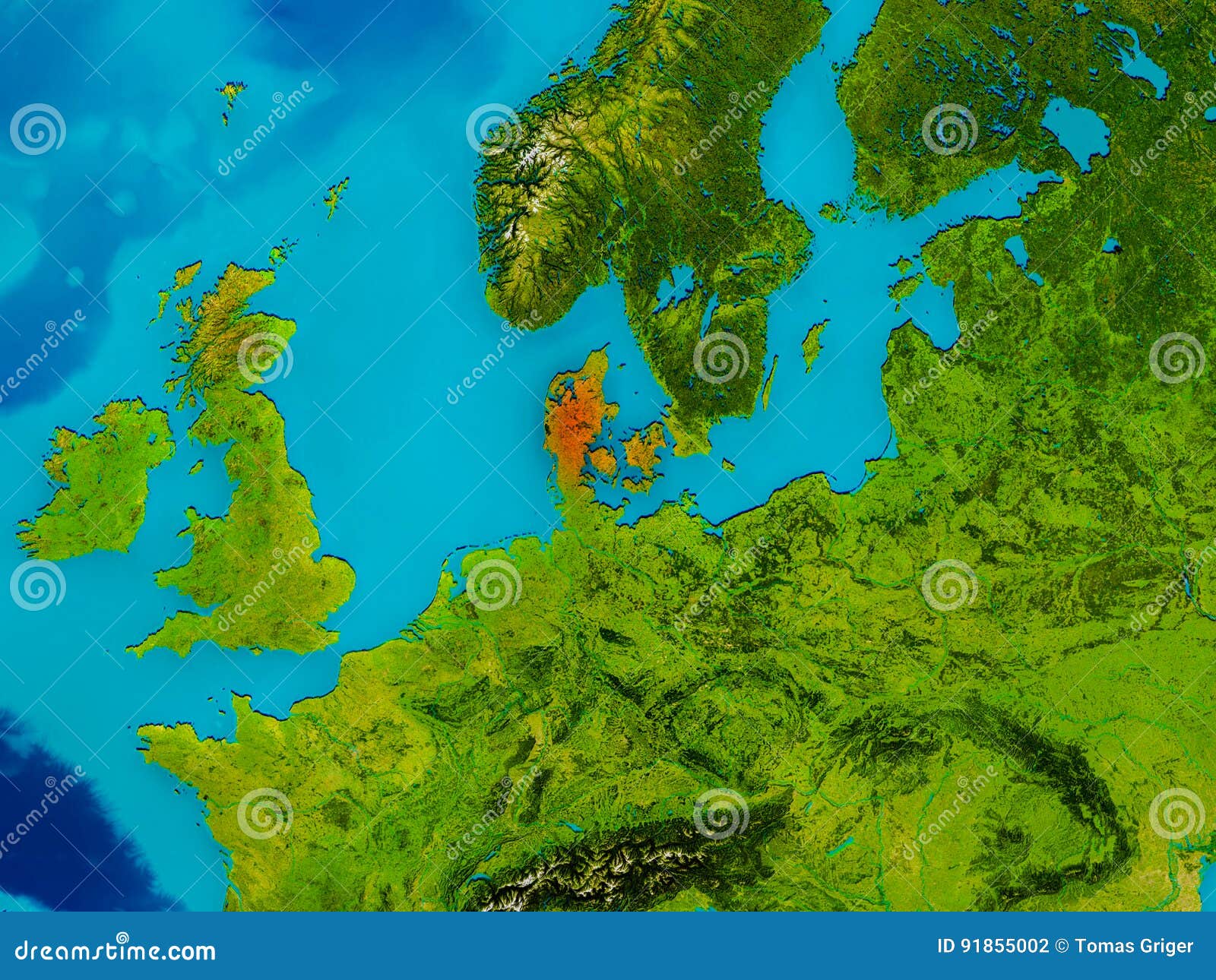 Denmark on physical map stock illustration. Illustration of detailed ...