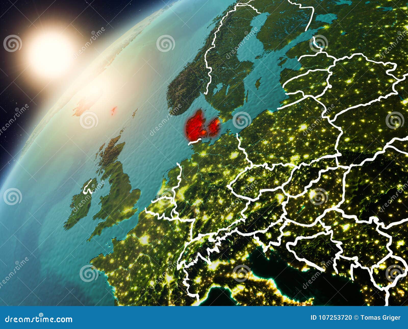 Denmark on Planet Earth in Sunset Stock Illustration - Illustration of ...