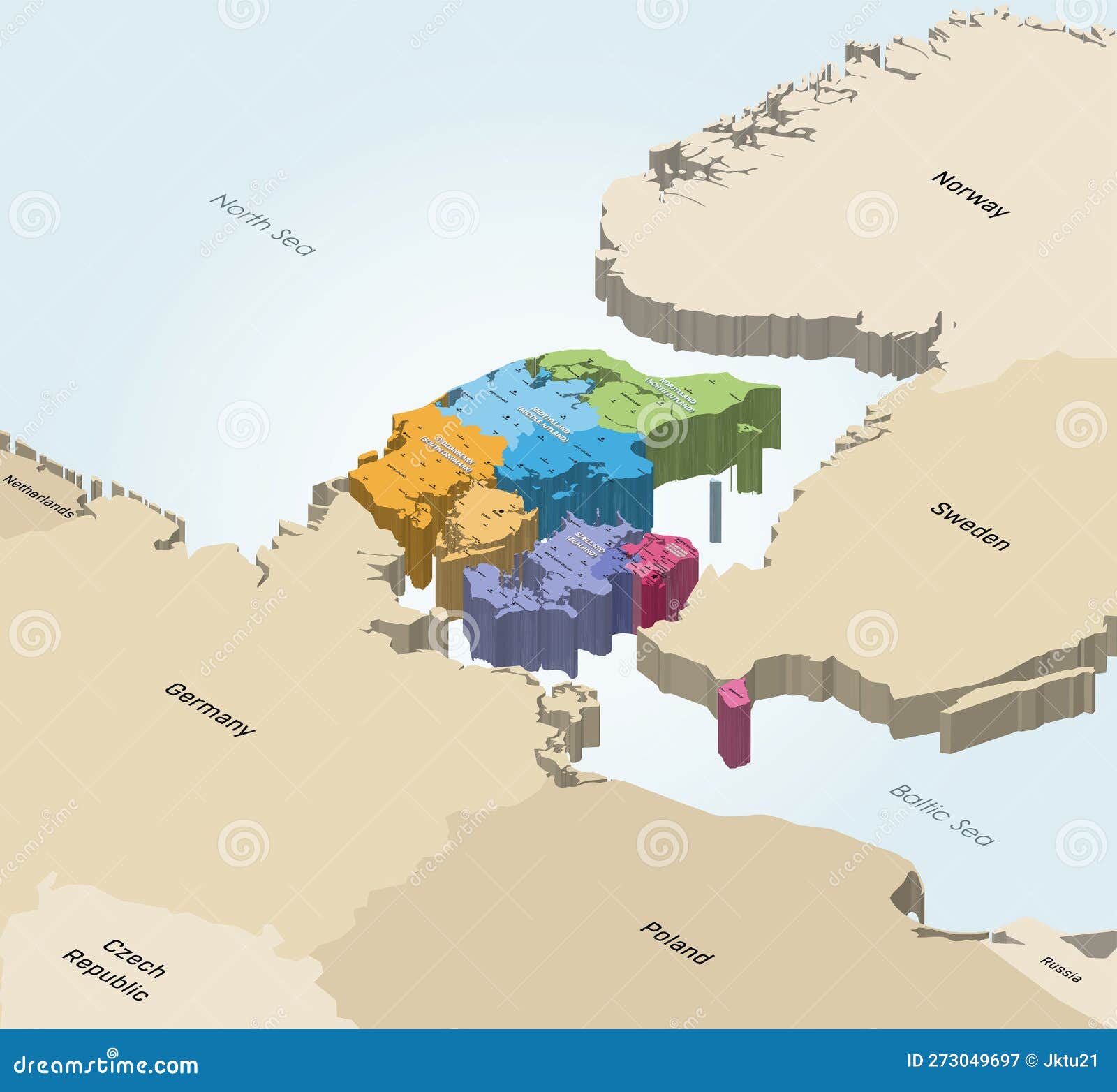 Denmark Provinces Isometric Map Colored by Regions with Largest Cities ...
