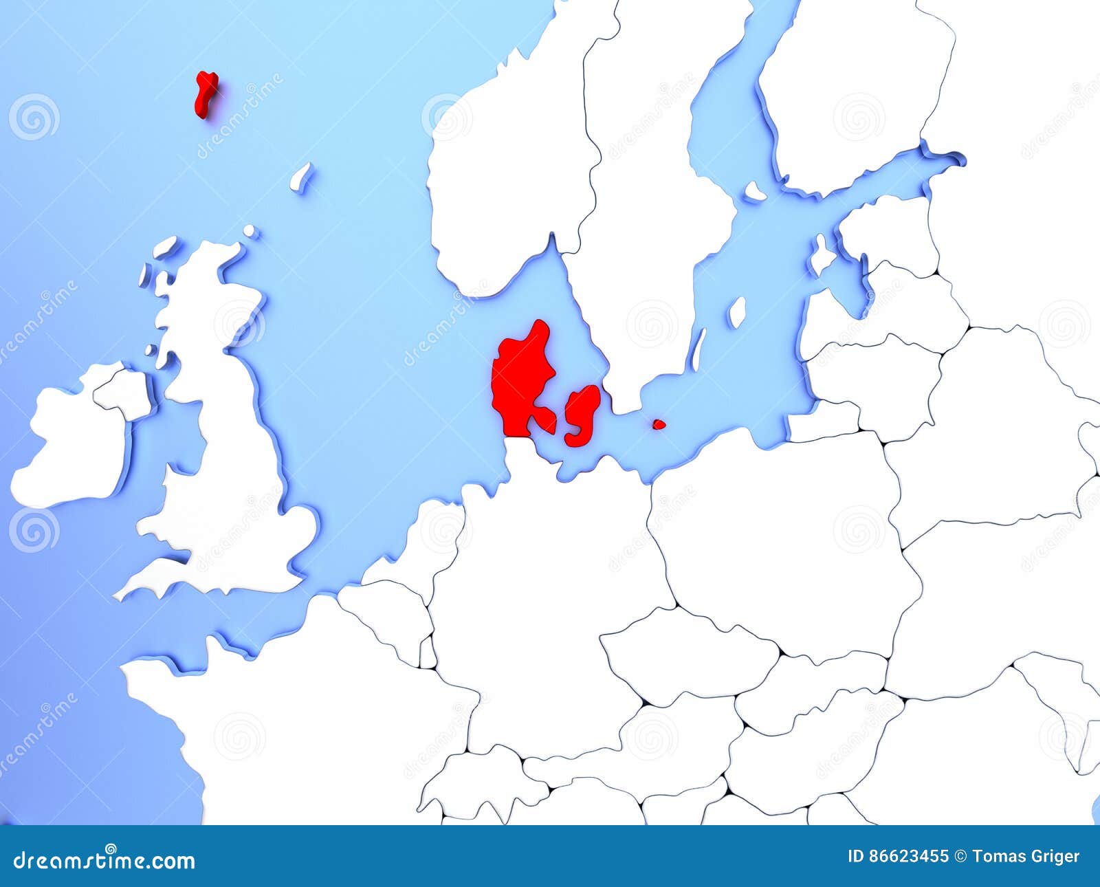 Denmark in red on map stock illustration. Illustration of render - 86623455