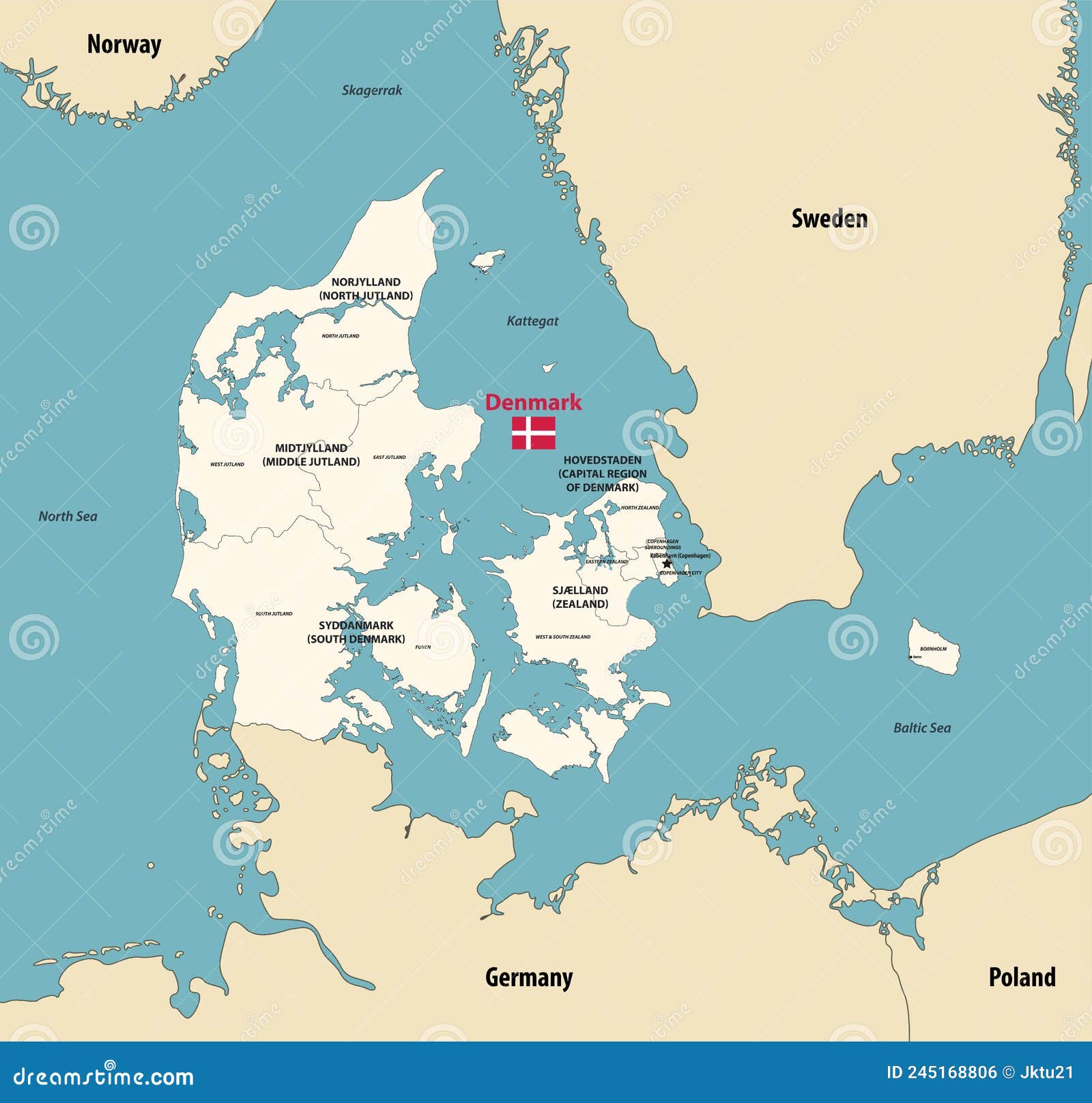 Denmark Regions Vector Map with Main Cities and with Neighbouring ...