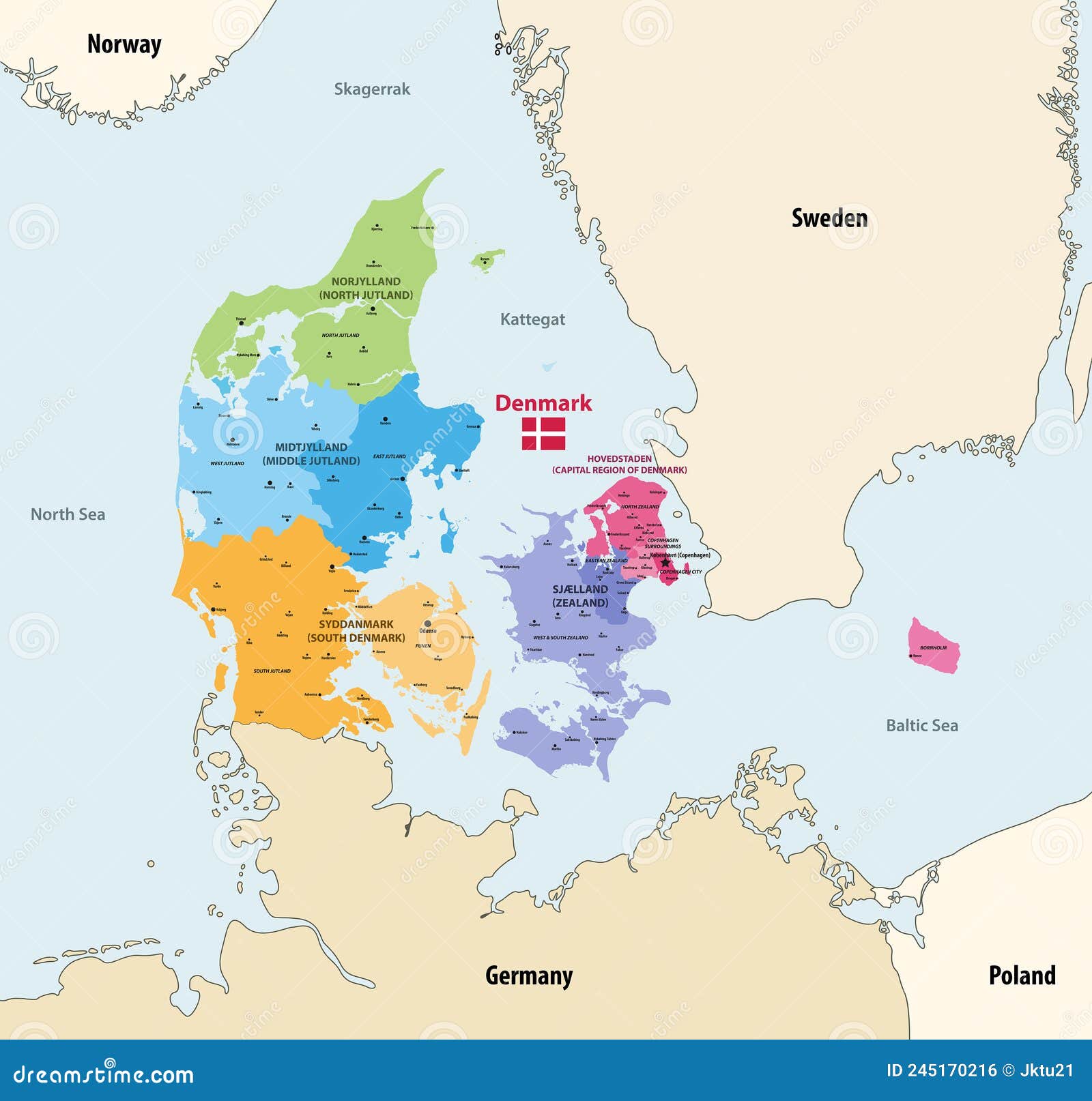 Denmark Regions Vector Map with Main Cities and with Neighbouring ...