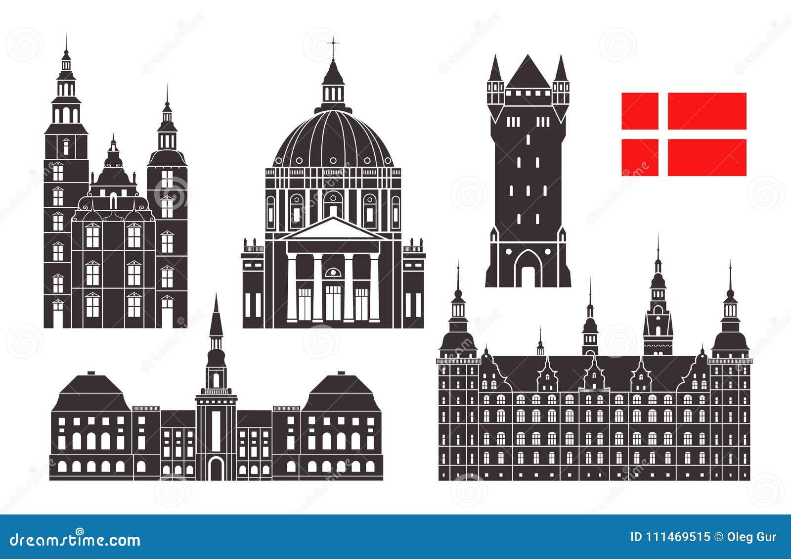 Denmark Set. Isolated Denmark Architecture on White Background Stock ...