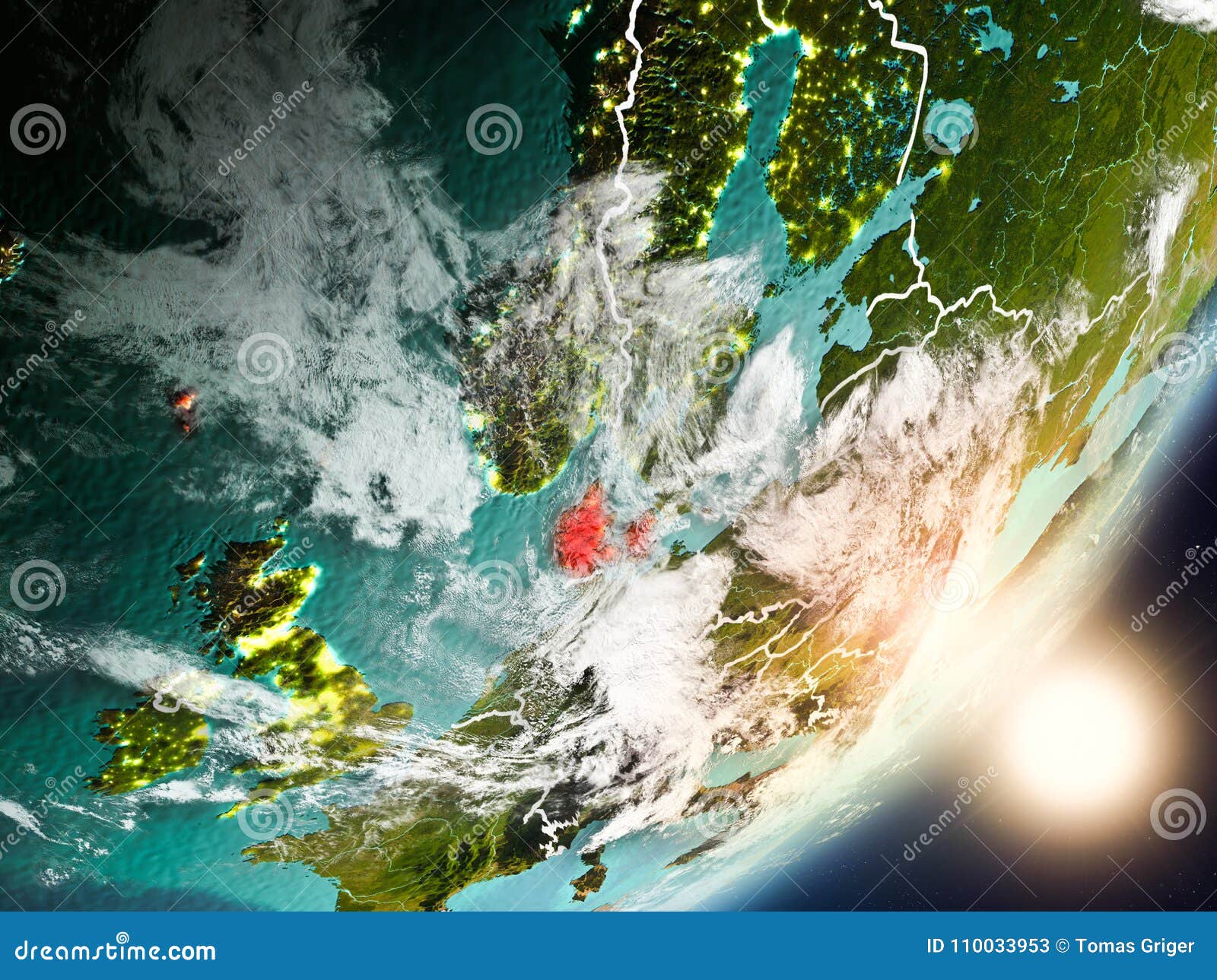 Sun Rising Above Denmark from Space Stock Illustration - Illustration ...