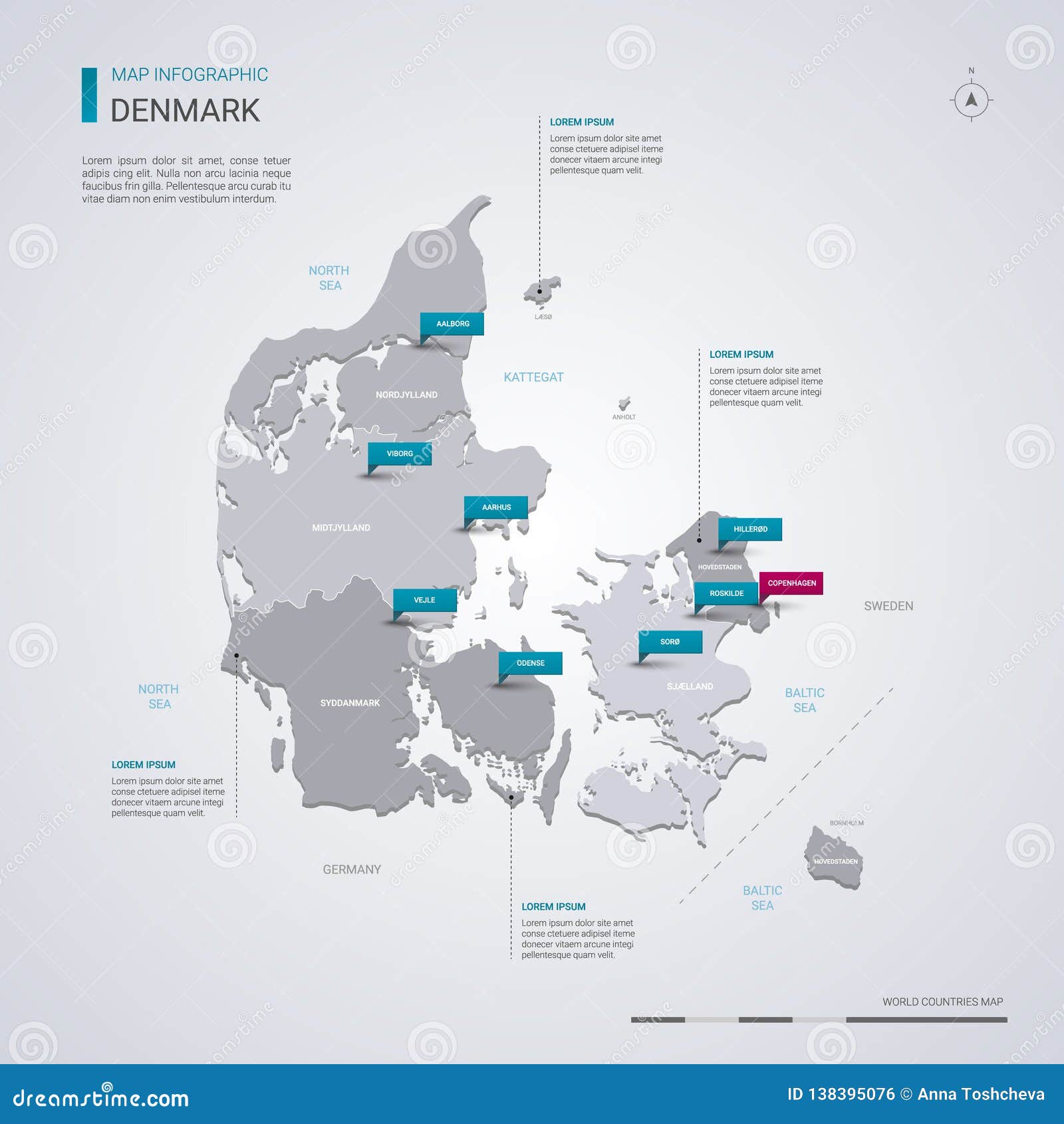 Denmark Vector Map with Infographic Elements, Pointer Marks Stock ...