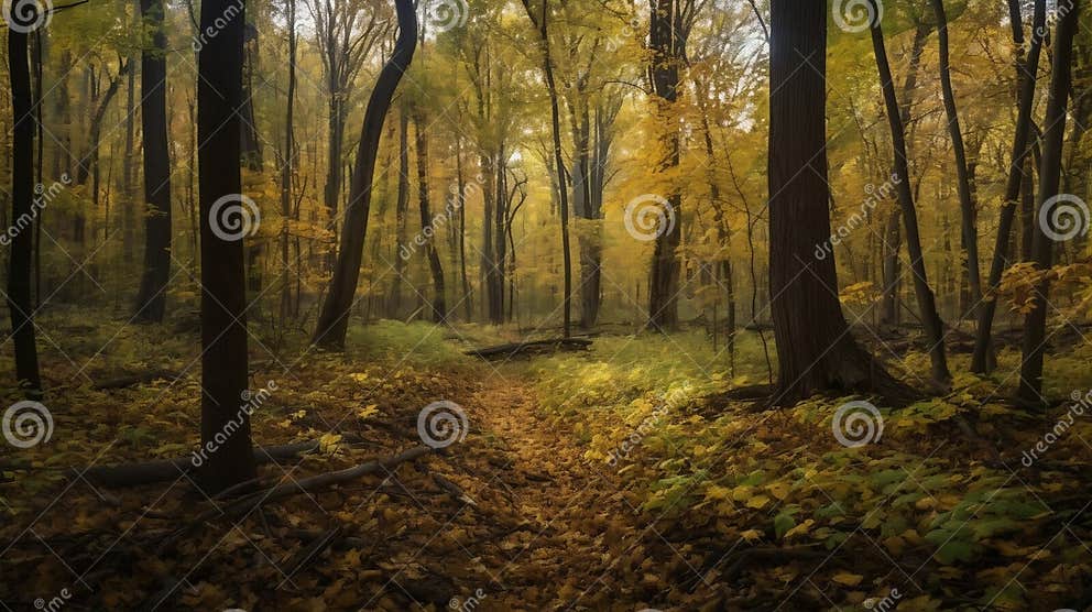 A Dense Broadleaf Forest in Autumn, Illustration, Generative AI Stock ...