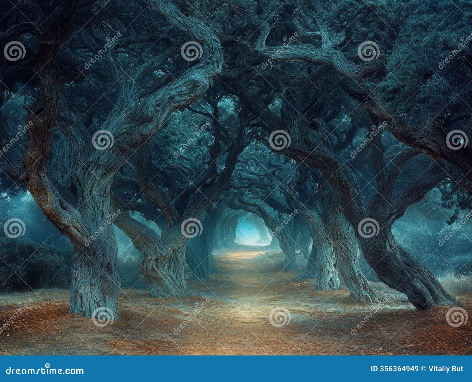 Dense Forest Features Stark Trees Curving Inward Creating Ominous ...