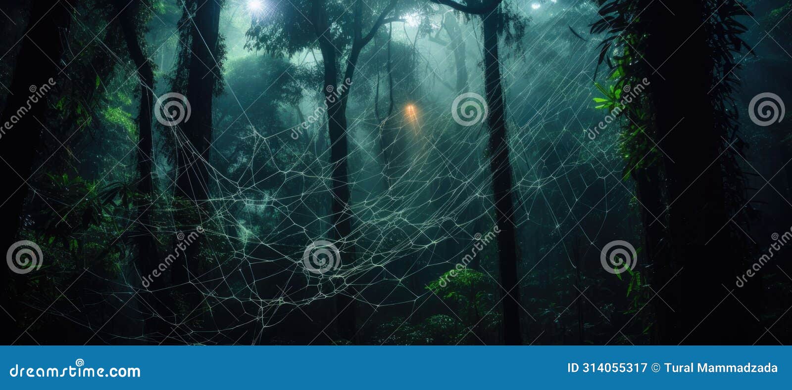 A Midnight Forest with Eerie Spider Webs among the Trees and Twigs ...