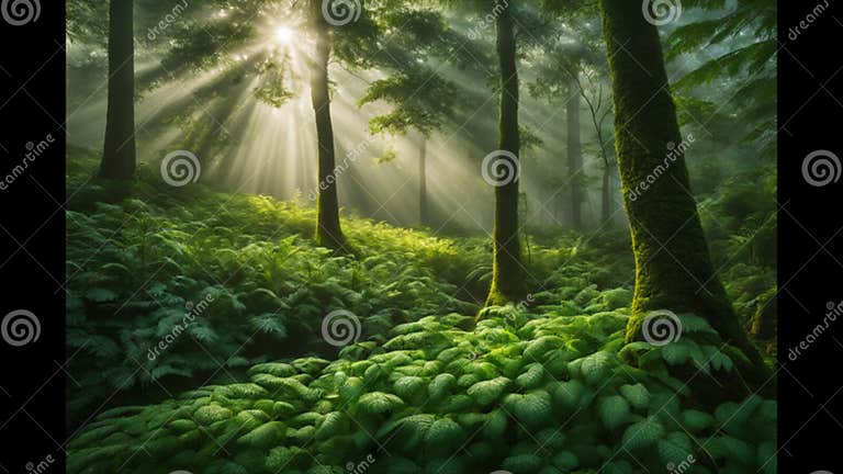 Dense Forest Under a Summer Downpour Rays of Sun Piercing through ...