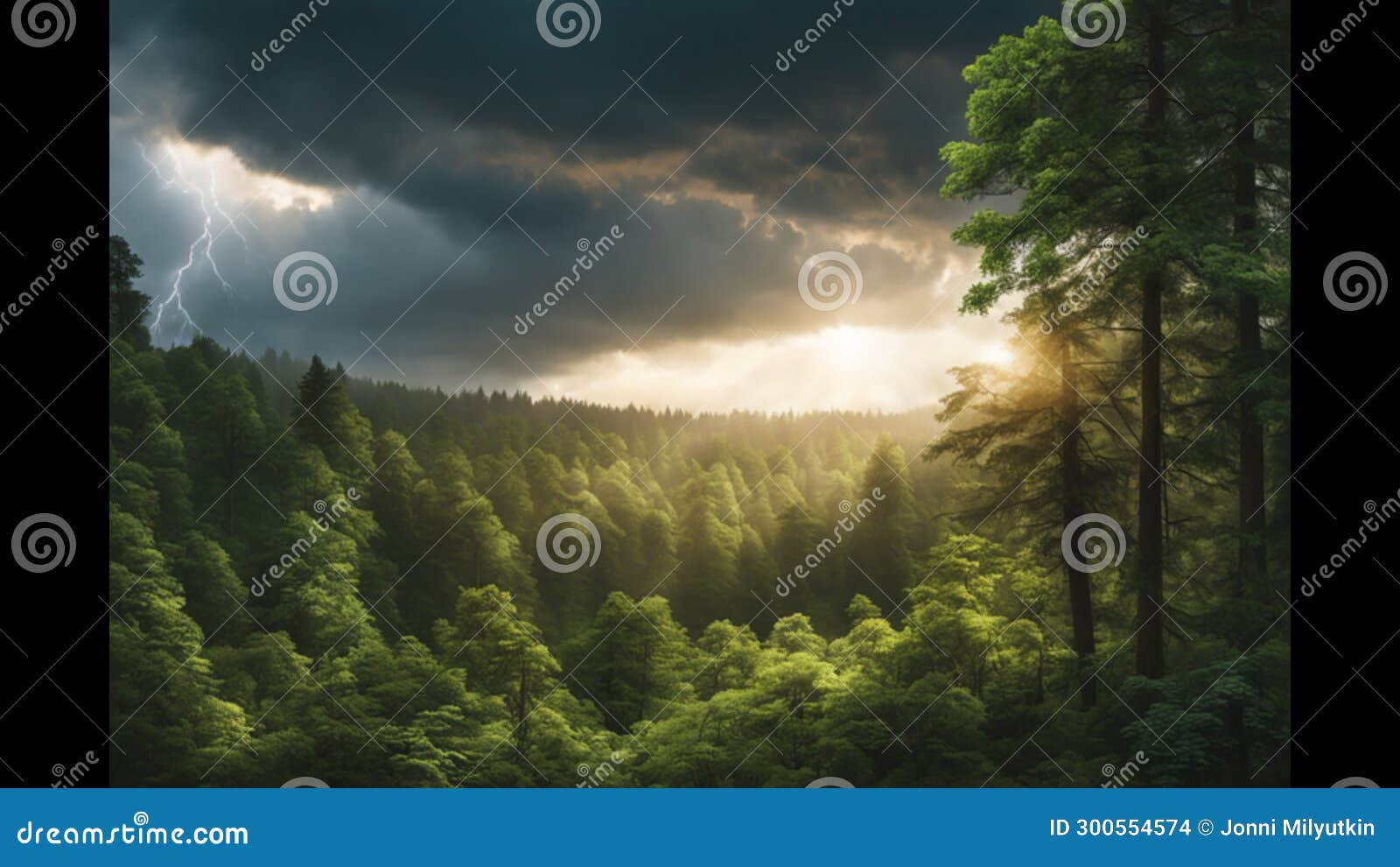 Dense Forest Under a Summer Downpour Rays of Sun Piercing through ...