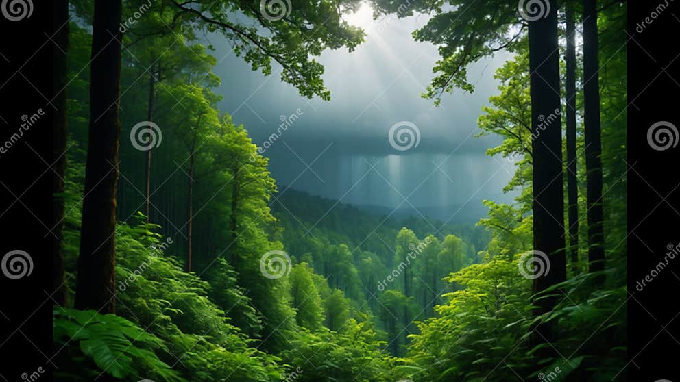 Dense Forest Under a Summer Downpour Rays of Sun Piercing through ...