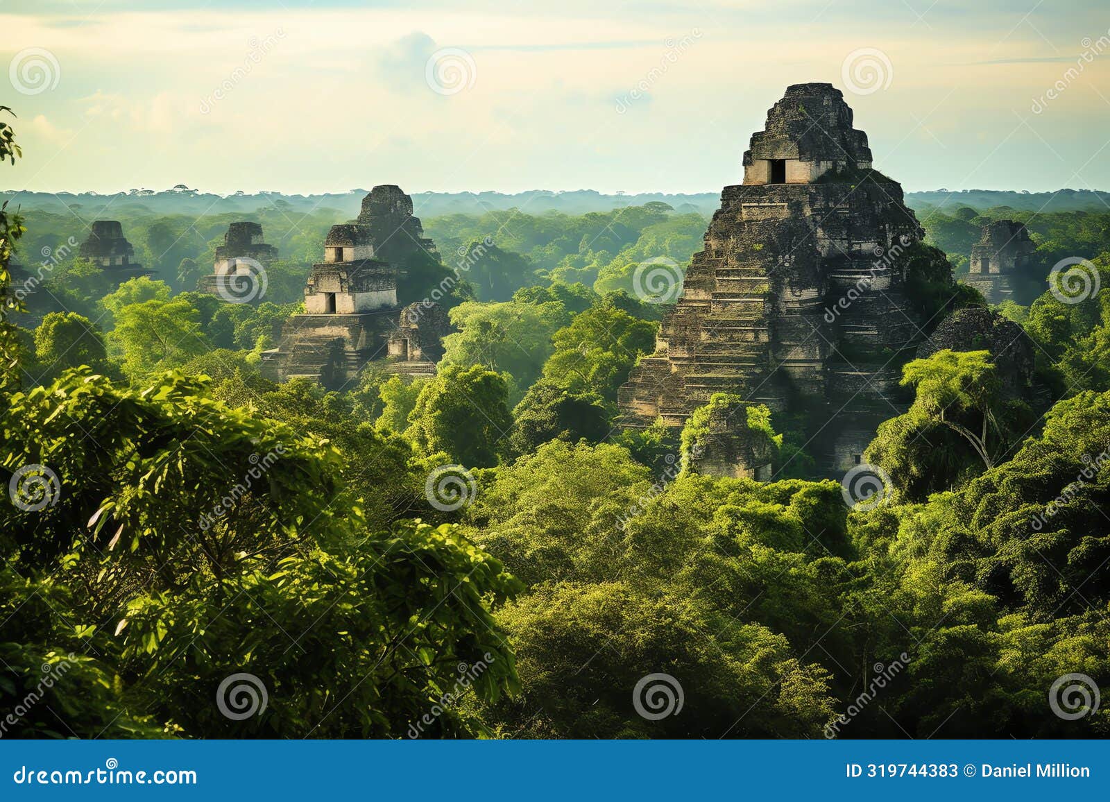 Dense Maya Jungle with Towering Temples and Pyramids Illustration Photo ...