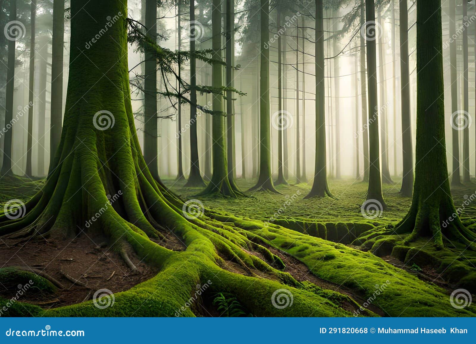 A Dense, Misty Forest with Ancient Trees Cloaked in Moss and Ferns ...