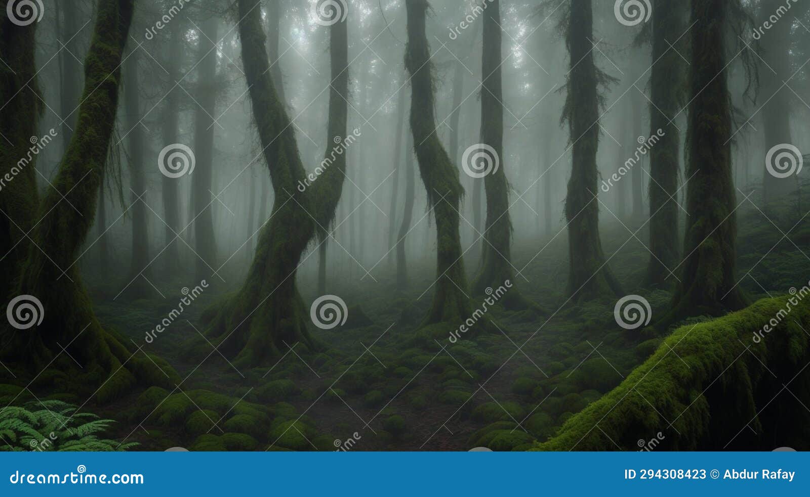 A Dense, Misty Forest with Ancient Trees Cloaked in Moss and Ferns ...