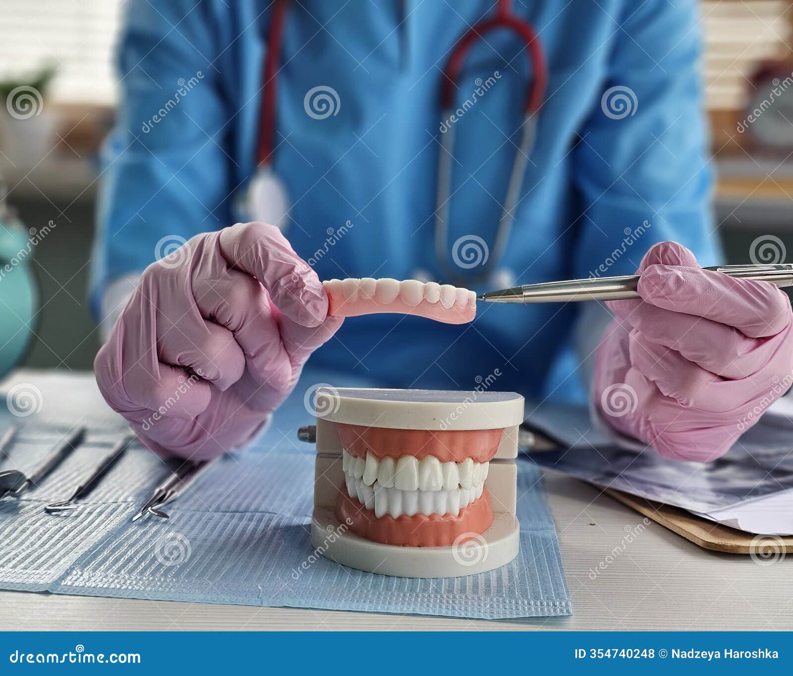 Dental Assistant Demonstrating Oral Care Techniques with Dental Model ...