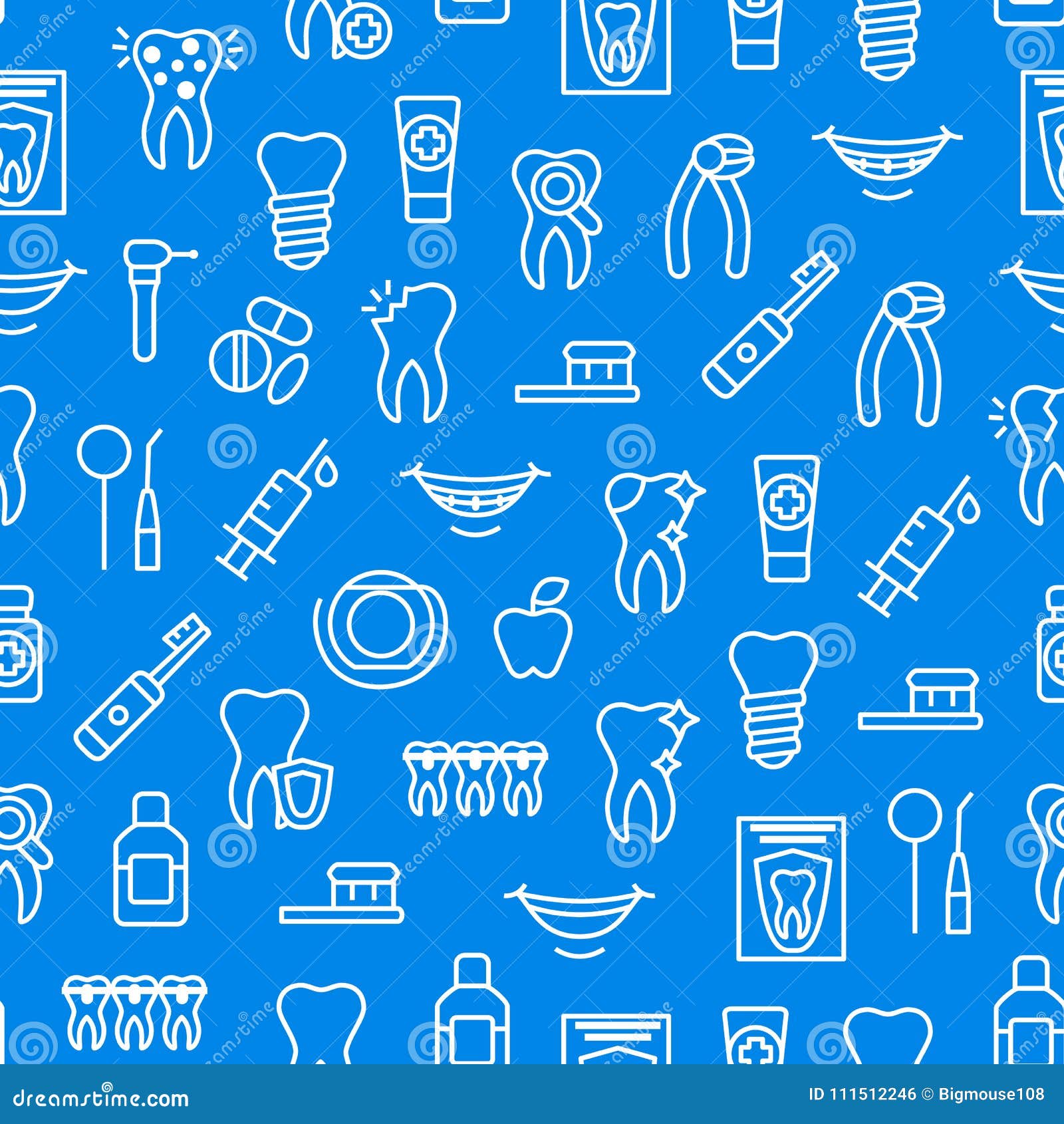 Dental Care Tooth Thin Line Seamless Pattern Background. Vector Stock ...