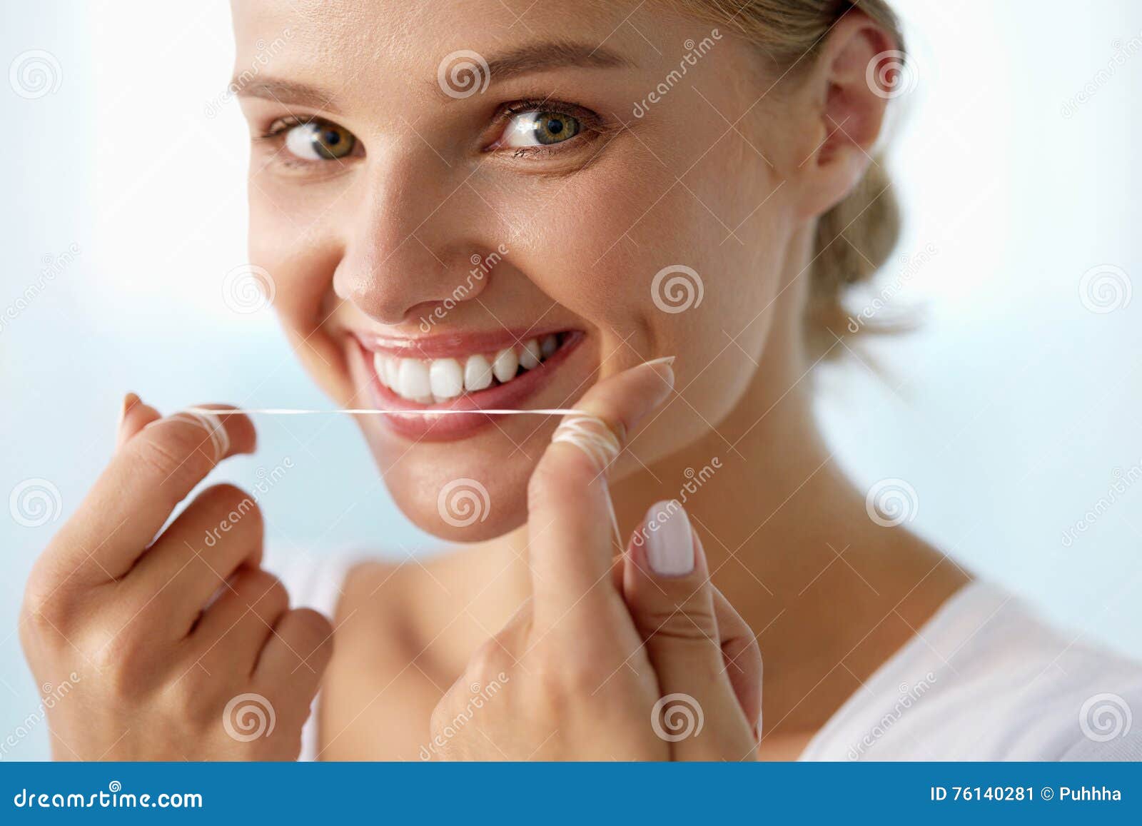 Dental Care Woman With Beautiful Smile Using Floss For Teeth Stock