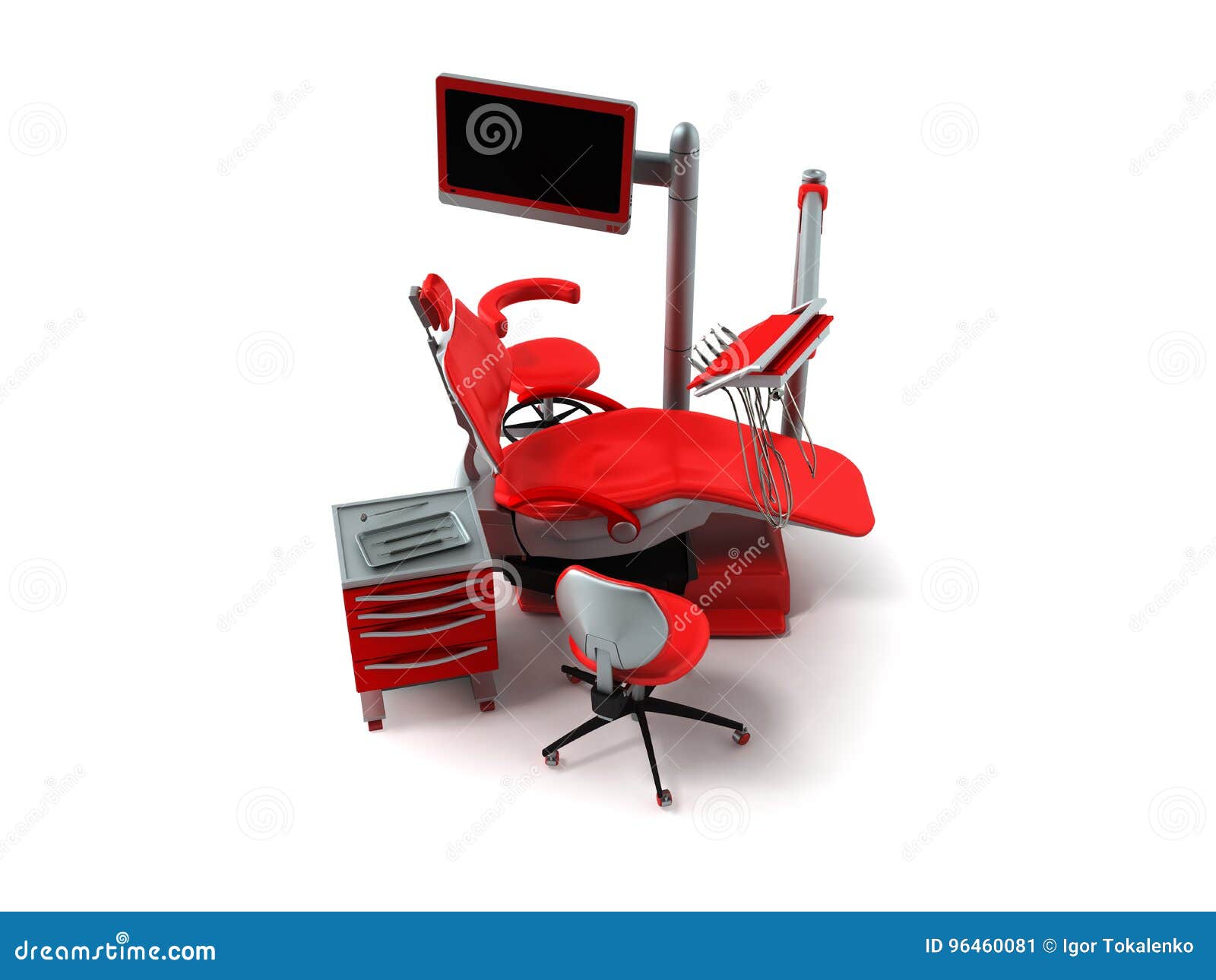 Dental Chair with Side Tables Red 3d Render on White Background Stock ...