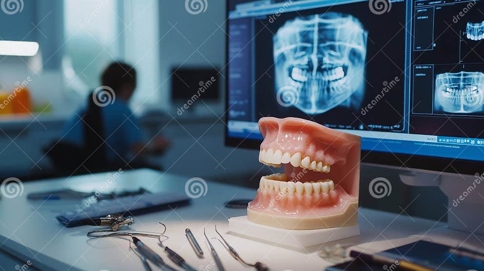 Dental Clinic Workspace with Dental Model and X-ray Images Displayed on ...