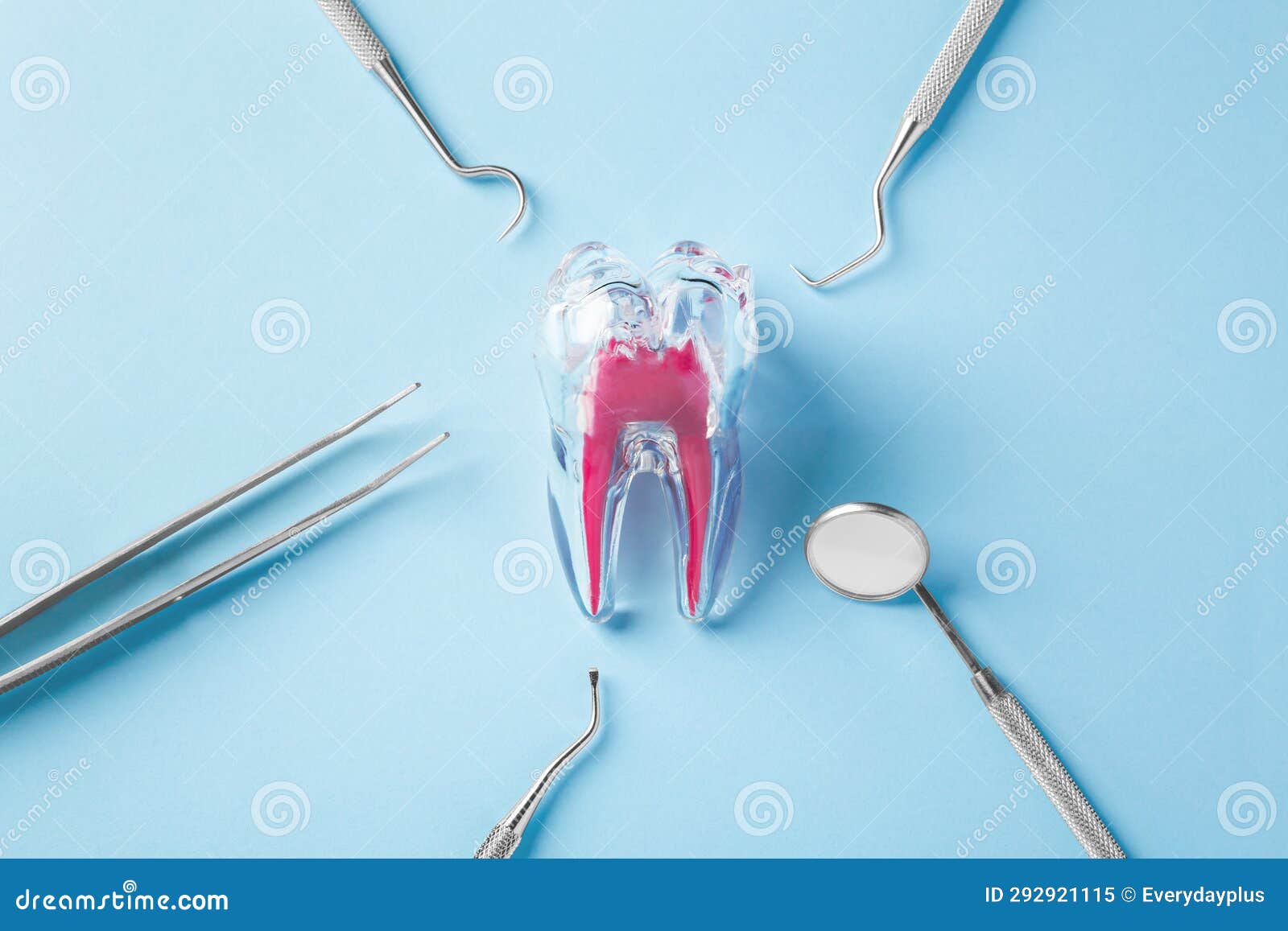 Dental Concept, Tooth with Dentist Tool on Blue Background Stock Image ...