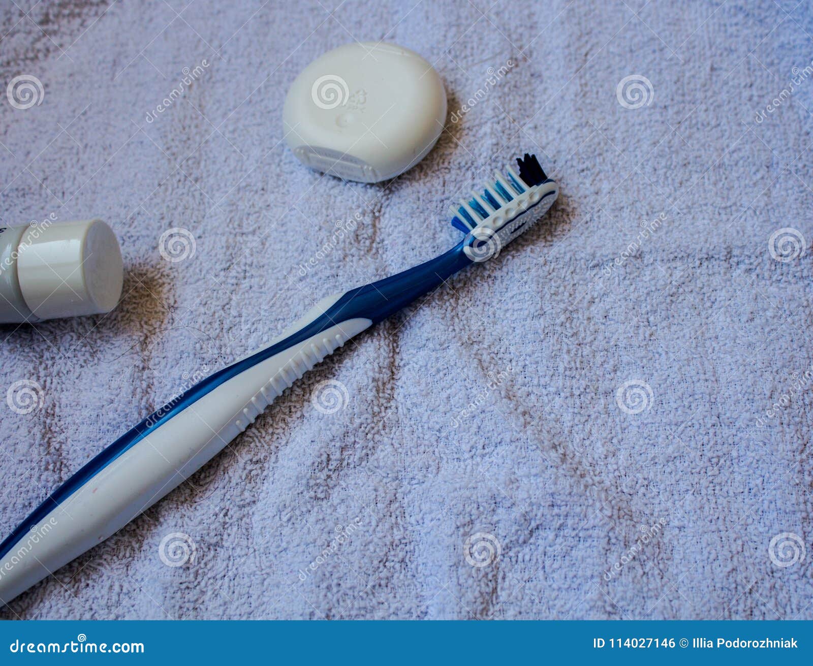 Dental Floss Toothbrush Toothpaste Towel Stock Photo - Image of ...