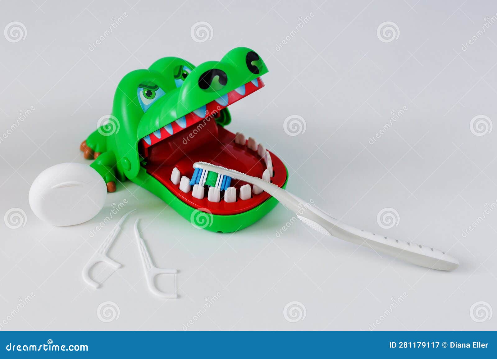 Dental Floss, Toothpicks, Brush and Crocodile on White Stock Image ...