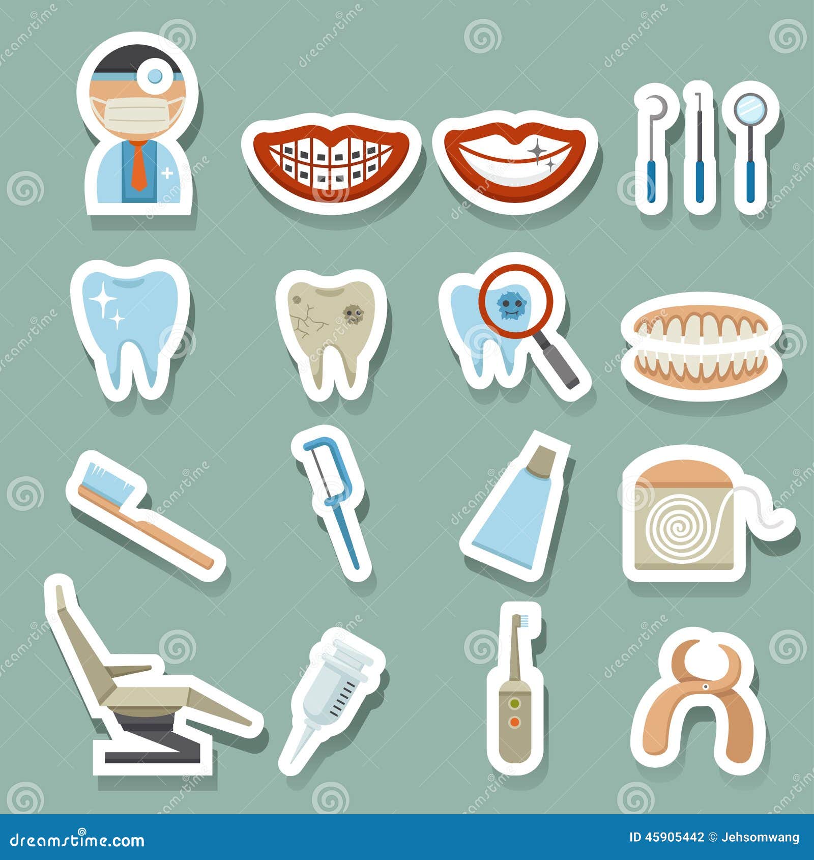 Dental Icons Set, Dentistry Symbols Collection. Sketches With Color ...